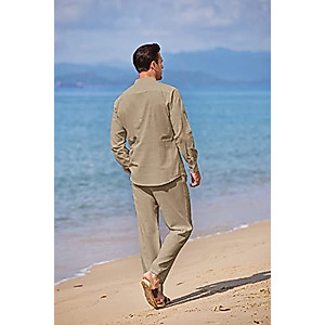 COOFANDY Linen Suits For Men 2 Piece Beach Button Down Shirt Casual Loose Pant Sets Mens Linen Beach Shirt (Khaki XL)