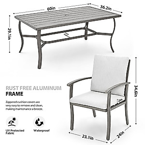 HAPPATIO 7 Piece Patio Dining Set, Aluminum Outdoor Dining Set for 6, Aluminum Dining Table and Chairs Set, Patio Dining Furniture with Aluminum Table, Chairs and Washable Cushions (Gray)