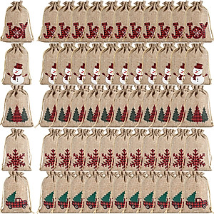 Paterr 100 Pcs Christmas Burlap Gift Bags Bulk for Party Favors 4x 6 Inch Christmas Linen Bags with Drawstring Small Jute Christmas Treat Bag Reusable Linen Treat Sacks for Holiday (Plaid Style)