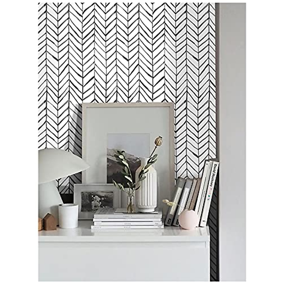 HAOKHOME 96020-1 Boho Stripe Peel and Stick Wallpaper Herringbone Black White Vinyl Self Adhesive Room Decor Contact Paper 17.7in x 9.8ft