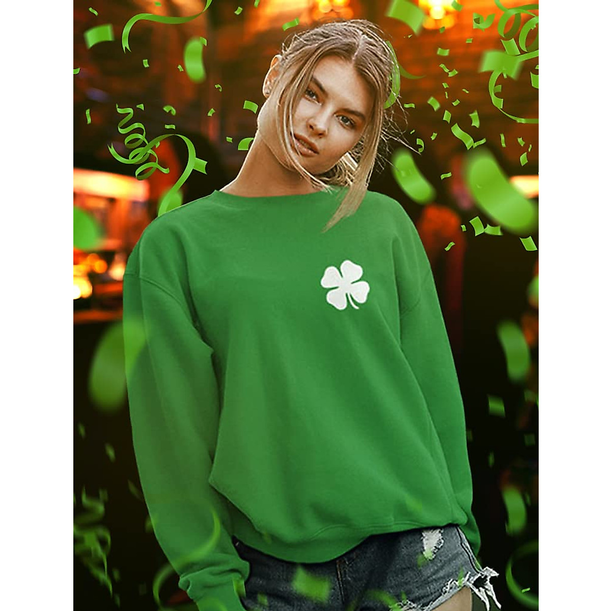 Tstars St Patricks Day Sweatshirt Women Four Leaf Clover Irish Shamrock Sweatshirts Medium Green