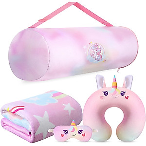 Gulfmew Unicorn Travel Blanket and Pillow Set for Kids Unicorn Airplane Blanket Soft Kids Neck Pillow Eye Mask and Adjustable Storage Bag Cute Travel Accessories for Girl Airplane Car Trip Home Use