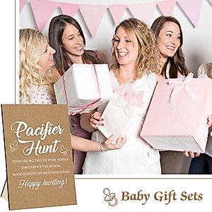 Thyle 51 Pcs Pacifier Hunt Baby Shower Games Include Hunt Sign and 50 Acrylic Pacifiers for Baby Shower Game Decoration Gift Sets Gender Reveal Party Decor(Kraft)