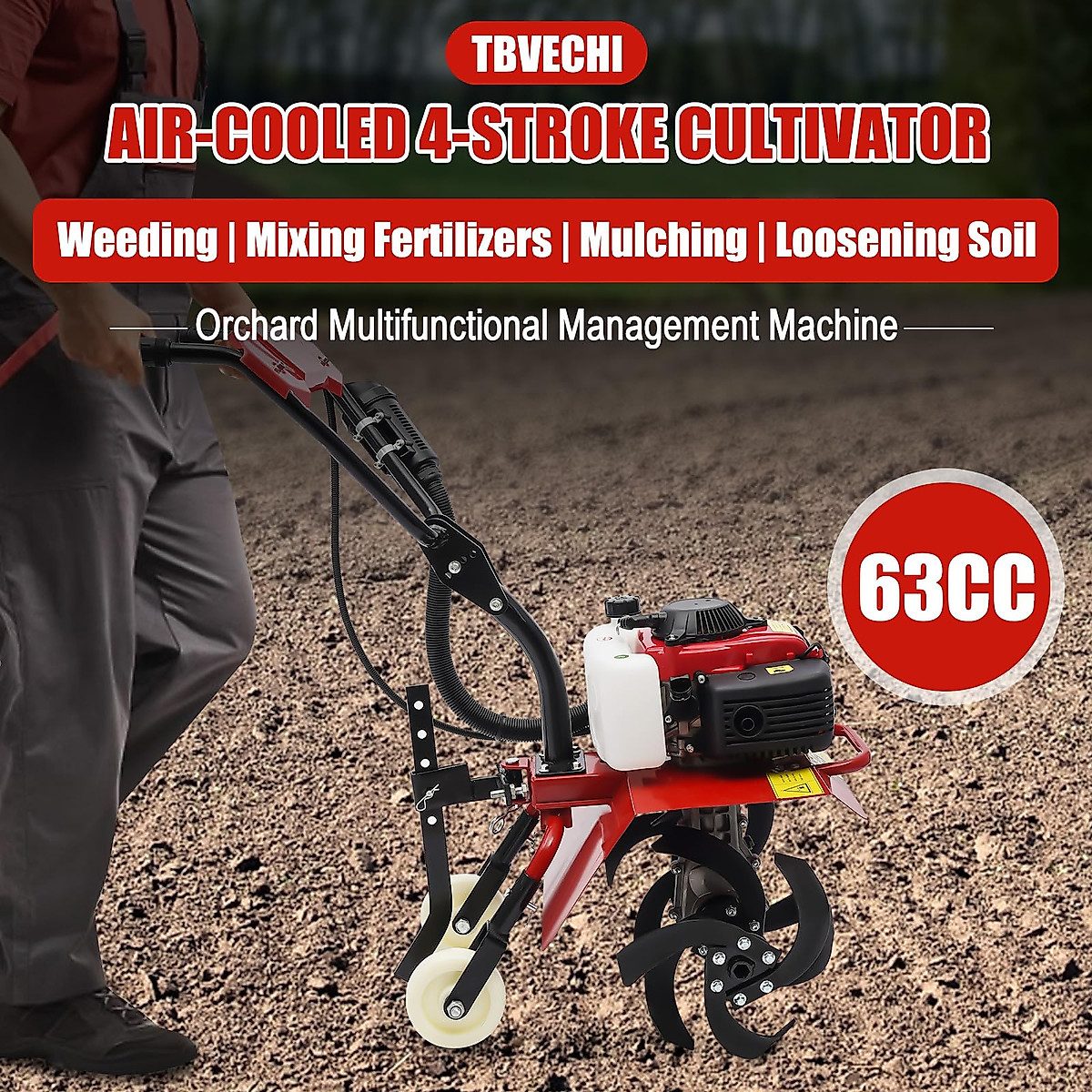 Garden Tiller/Cultivator 63CC 4-Stroke Gas Powered Hand Rotary Front Tine Tiller Rototiller Garden Tool Cordless, Gear Drive Transmission, Adjustable Tilling Depth