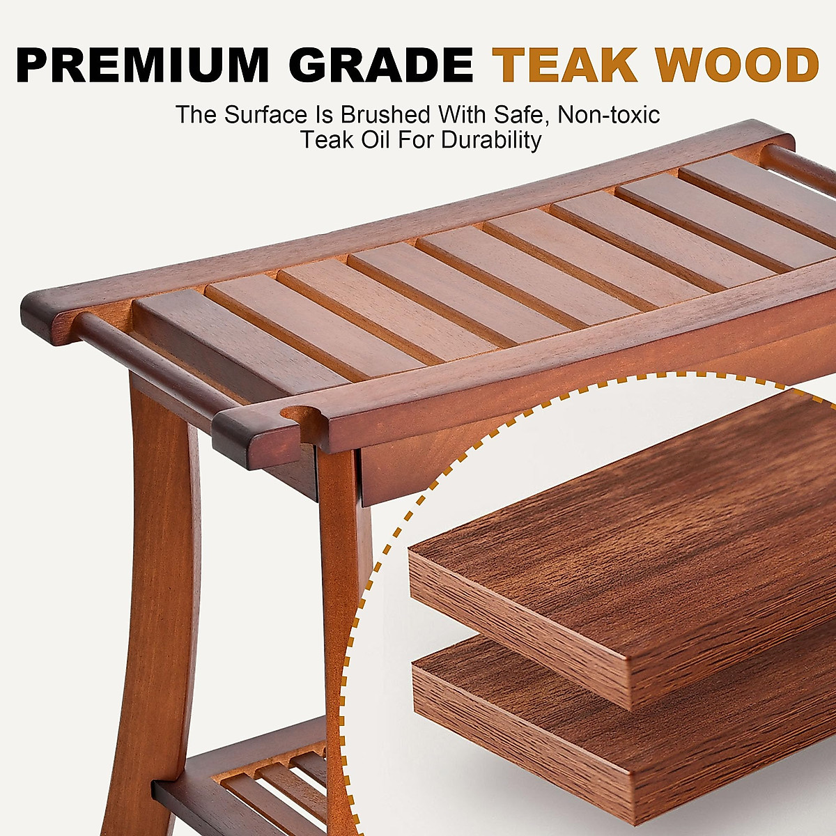 Jekruiet Teak Shower Chair Stool, 24 Inch Shower Bench Seat, Wooden Bathroom Bench with Storage Shelf for Adults, Elderly, Disabled Indoor & Outdoor Use