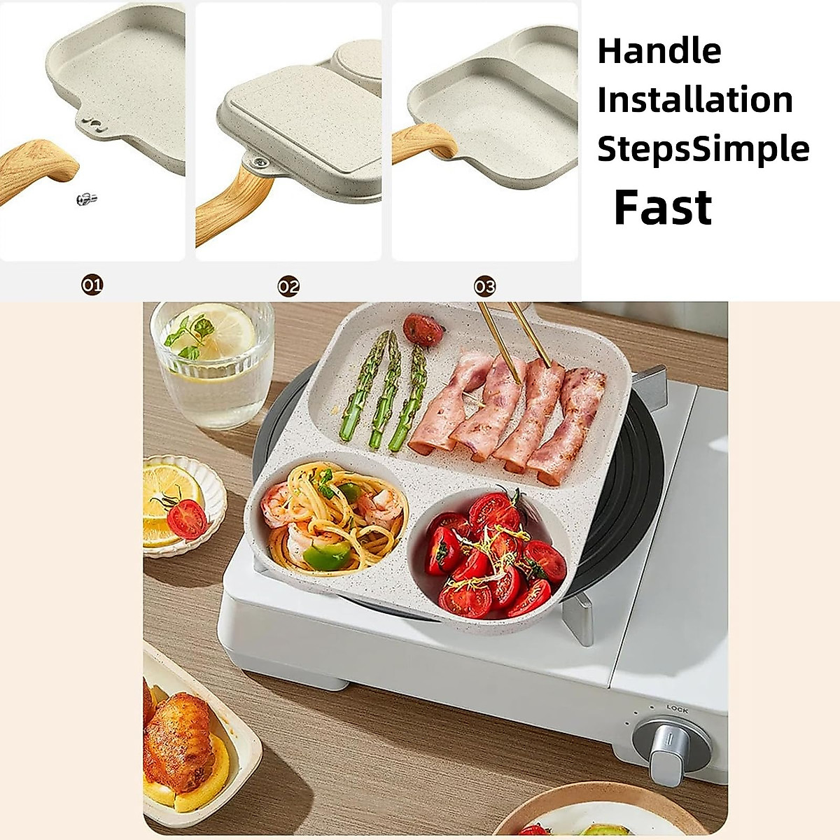 Generic Medical Stone Non-Stick Frying Pan for Breakfast,3 in 1 Egg Pan, Divided Grill Frying Pan，Crepes,Mini Pancake Pan Universal, 7.4*8.6in, White