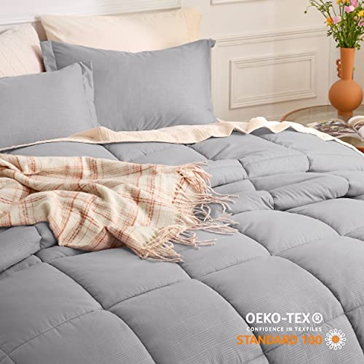 Bedsure Twin Comforter Set - Grey Basket Weave Down Alternative Comforter Set Twin/Twin XL Size, Lightweight All Season Bedding Set with 1 Pillow Sham