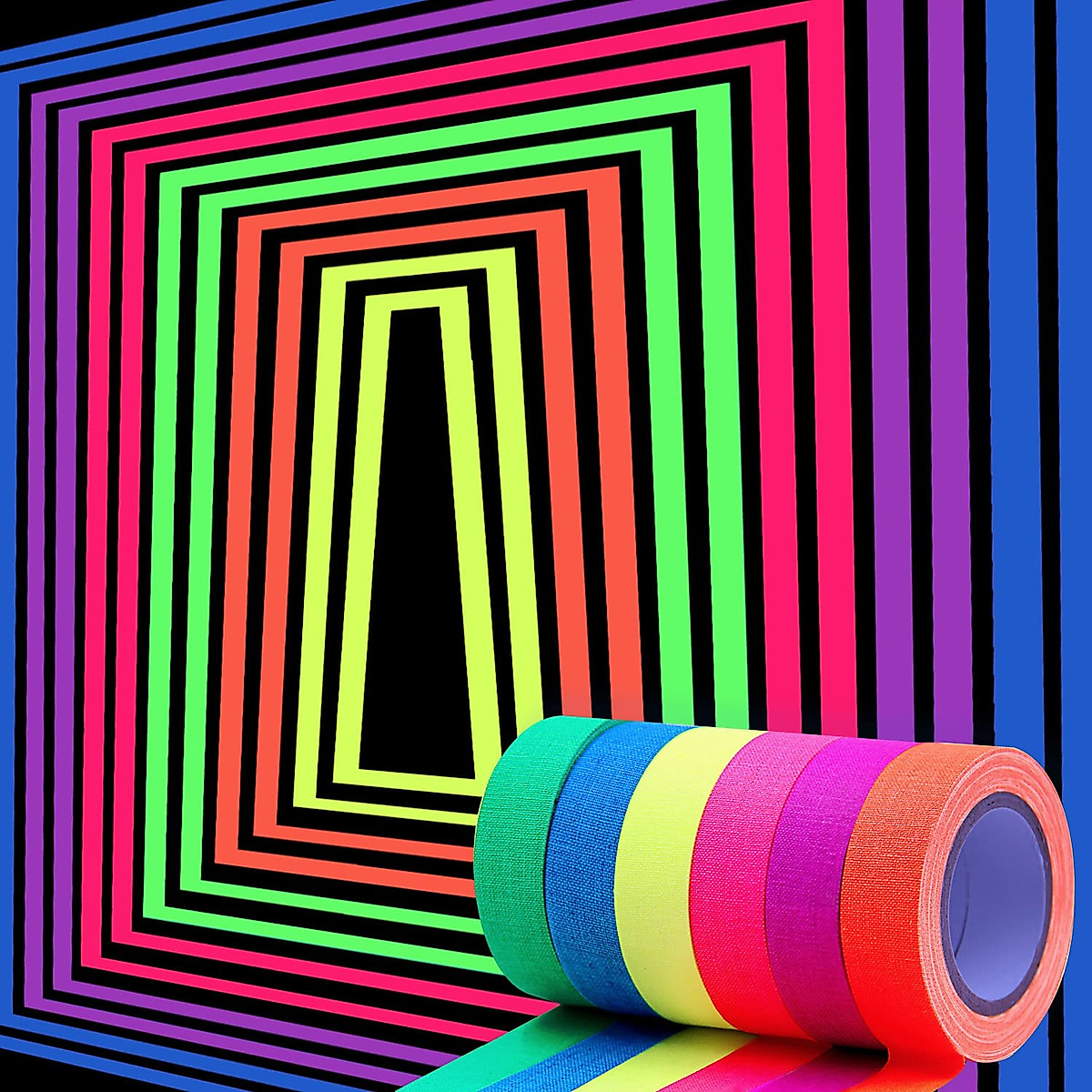 Tonsiv Adhesive Black Light Tape Sets, 6 Colors Neon Gaffer Cloth Tape, Fluorescent UV Blacklight Glow in The Dark Tape for UV Party (0.6 inch x 16.5 feet)