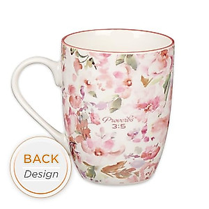 Christian Art Gifts Encouraging Ceramic Coffee & Tea Bible Verse Mug for Women: Trust in the Lord Inspirational Scripture Proverb, Microwave & Dishwasher Safe, White & Pink Watercolor Floral, 12 oz.