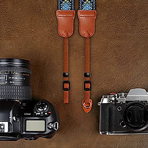 Blue Vintage Embroidered Camera Strap - Double Layer Cowhide Ends,2" Pure Cotton Woven Camera Strap, Adjustable Universal Neck & Shoulder Strap for All DSLR / SLR Cameras,Great Gift for Photographers