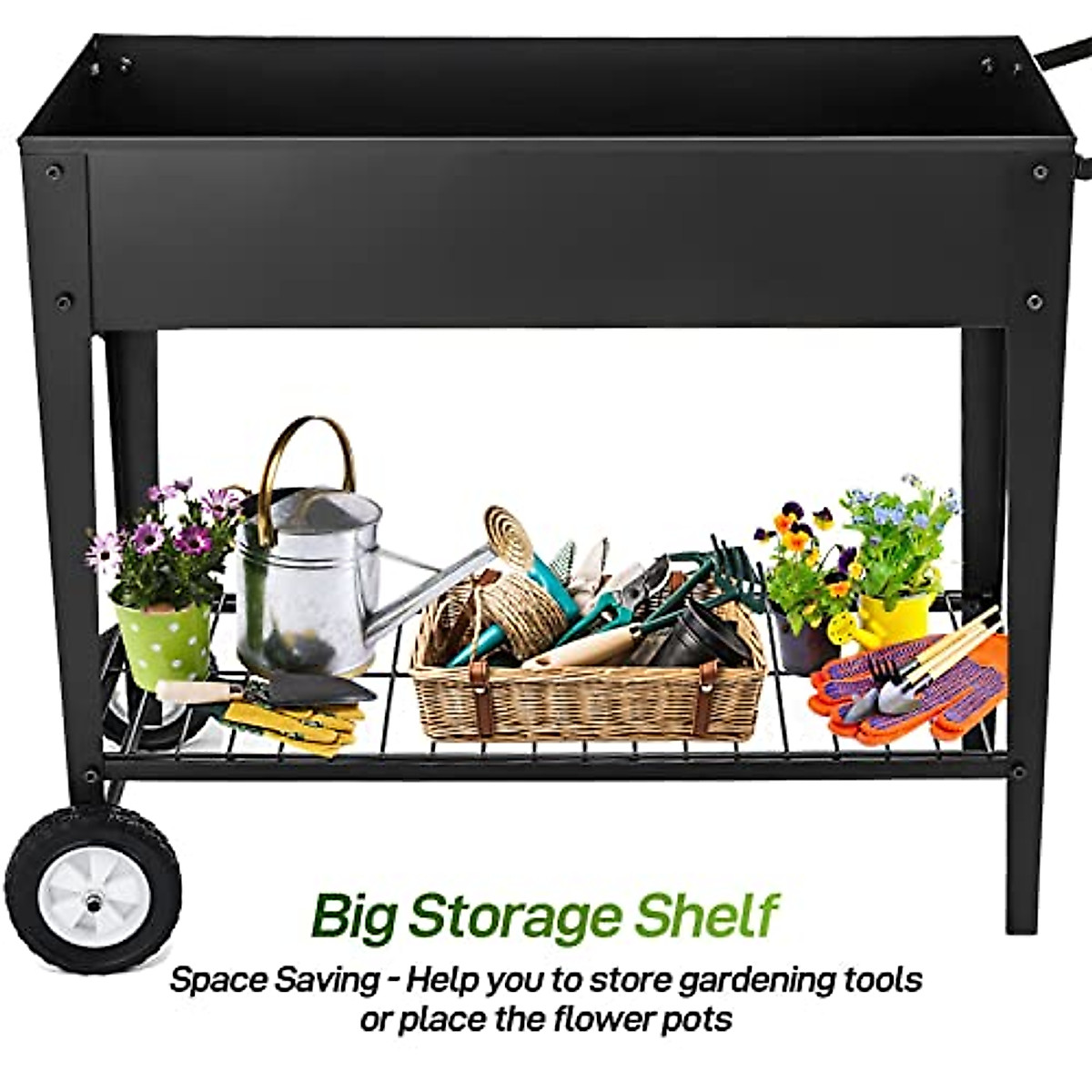 GARFANS Raised Garden Bed, Metal Raised Planter Box Outdoor with Legs, 2 Wheels and Shelf, Elevated Garden Bed Box for Vegetable Indoor Herb Flower Backyard Patio, 40" L x 16" W x 31.5" H