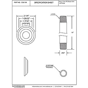 Westbrass 1/2" IPS x 19" Ceiling Mounted Shower Arm with Flange, Polished Chrome, D3619A-26