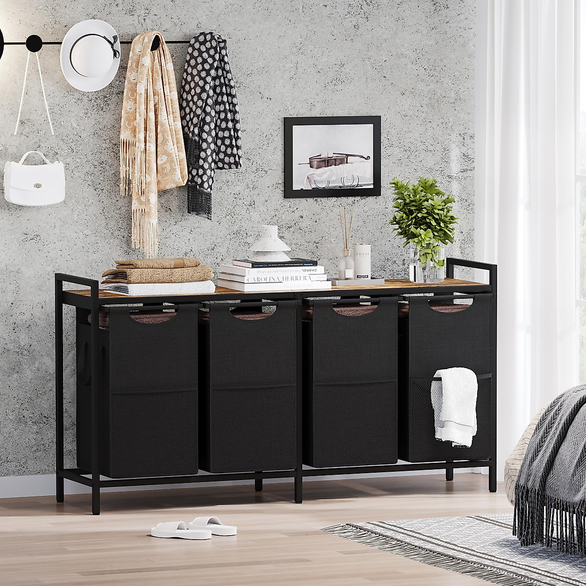 Heybly Laundry Hampers, 4 X 12.5 Gal Laundry Basket with Large Desktop Sorter for Laundry Room organization, Bathroom and Dorm Laundry Bags on Storage Shelf Rustic HLH004SR