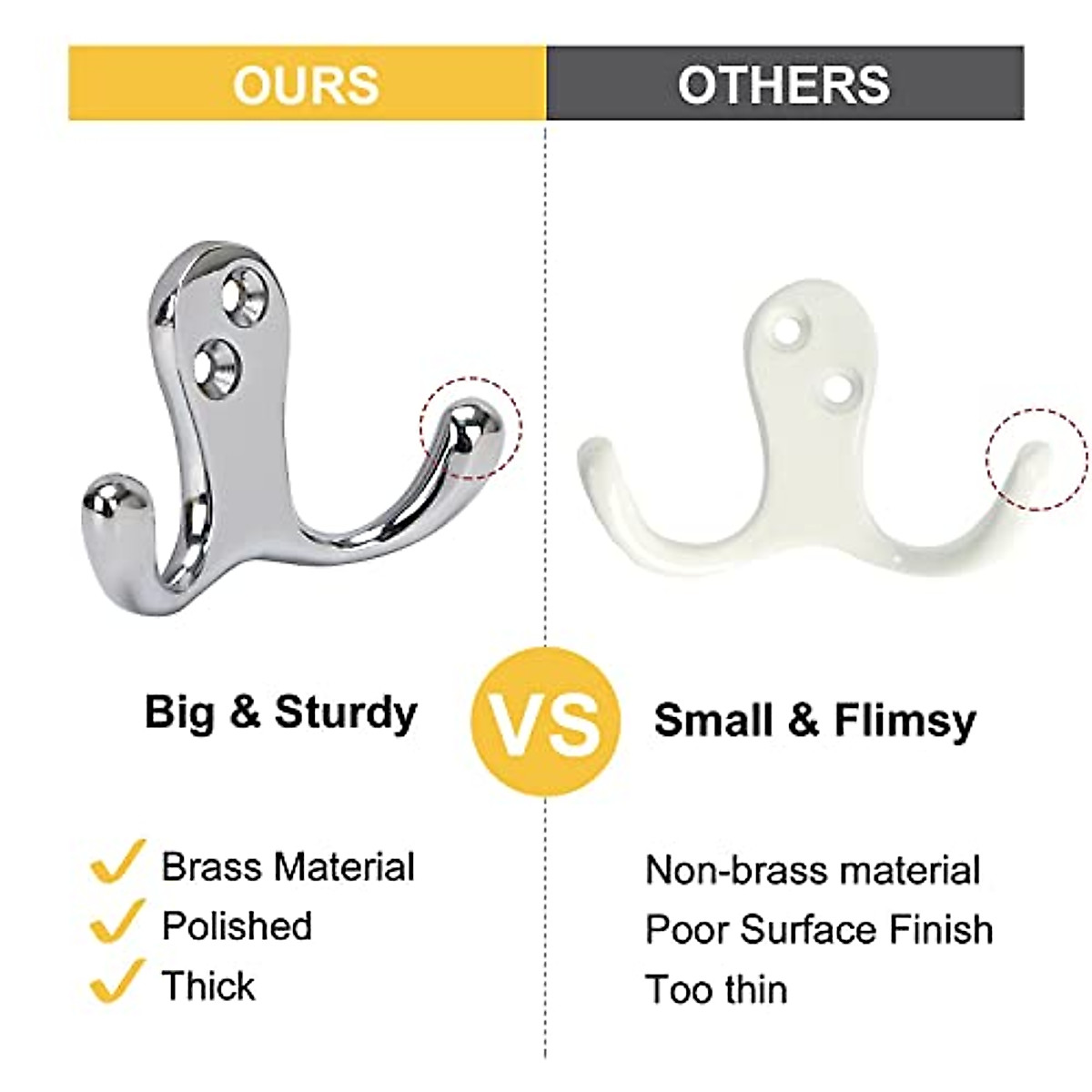 6 Pack Double Prong Coat Hooks Wall Mounted,Hooks for Hanging Coats,Towel Hooks for Pool Area,Wall Hooks for Coat, Bag, Towel, Key, Cap, Cup, Hat