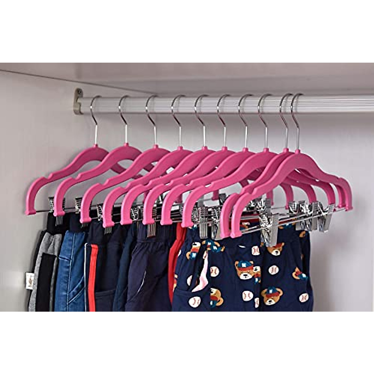 Quality Kids Children's Plastic Non Velvet Non-Flocked Thin Compact Shirt and Skirt/Pant Bundle Coat Hangers with Metal Clips for Skirts Pants Blouses 360° Swivel Hook, Jacket, Pink