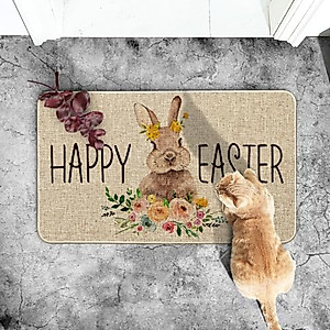 Artoid Mode Cute Rabbit Flowers Happy Easter Welcome Decorative Doormat, Seasonal Spring Low-Profile Rug Switch Mat for Indoor Outdoor 17x29 Inch