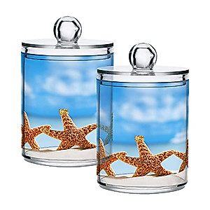 ALAZA Starfish Ocean Blue Sky 2 Pack Qtip Holder Dispenser with Lid 14 Oz Clear Plastic Apothecary Jar Containers Jars Bathroom for Cotton Swab, Ball, Pads, Floss, Vanity Makeup Organizer
