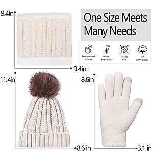 Women Winter Hat Gloves Scarf Set Beanie Knit Warm Neck Scarves Touchscreen Glove Fleece Lined Cold Weather 3 Pack Warmer Wool Cap with Pom Beige Woman Unisex Adult Ladies Para Mujer Gorros