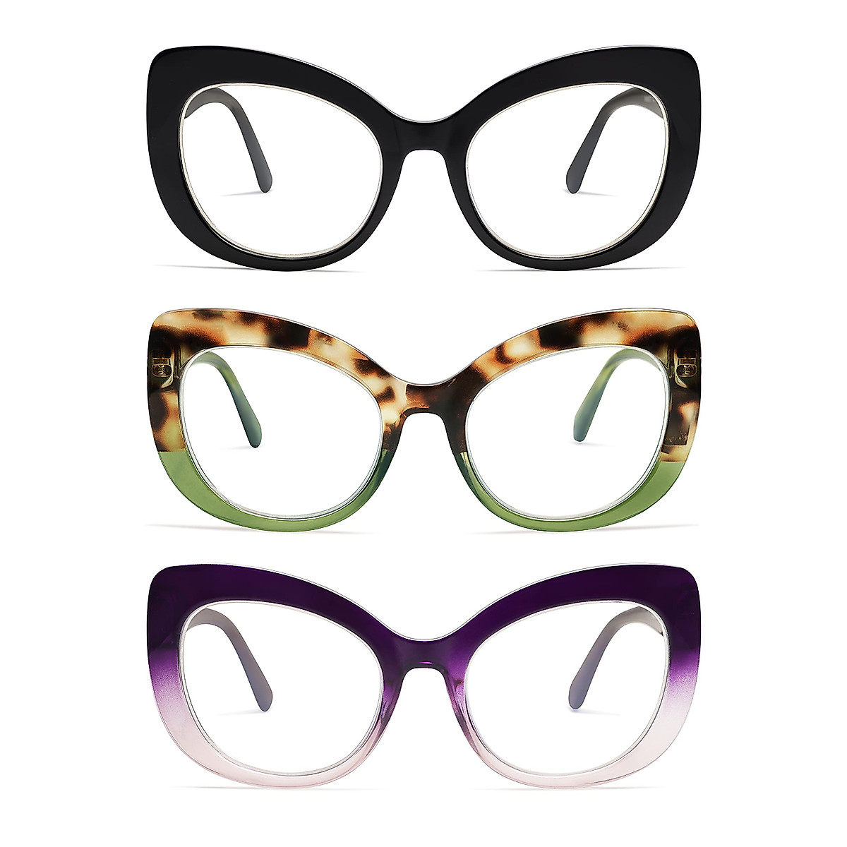 AMOMOMA 3 Pack Stylish Oversized Cat Eye Reading Glasses for Women Fashion Readers Blue Light Square Computer Glases AM6077 C1+C2+C3 1.0