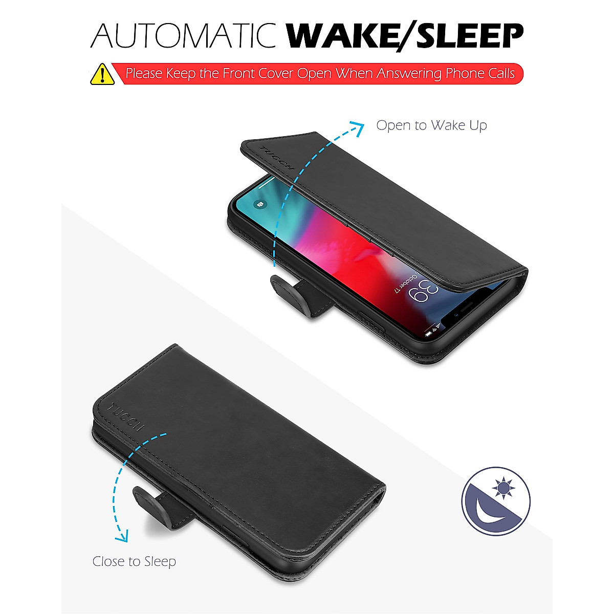 TUCCH Case Wallet for iPhone Xs Max, PU Leather Flip Cover with RFID Blocking Card Slot, Stand [Auto Wake/Sleep] Wireless Charging Shockproof TPU Shell Compatible with iPhone Xs Max 6.5", Black