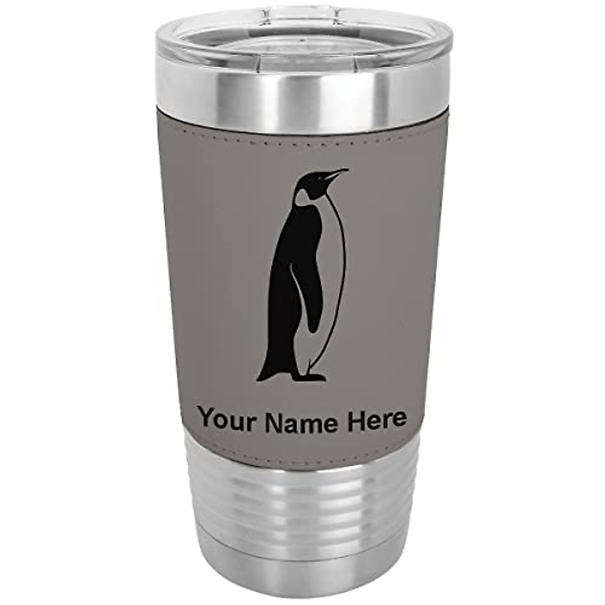 LaserGram 20oz Vacuum Insulated Tumbler Mug, Penguin, Personalized Engraving Included (Faux Leather, Gray)
