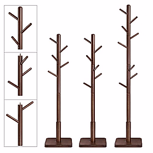 VASAGLE Solid Wood Coat Rack, Free Standing Hall Coat Tree with 8 Hooks, 3 Height Options, for Coats, Hats, Bags, Purses, for Entryway, Hallway, Rubberwood Hooks and Pole, Dark Walnut URCR010W01