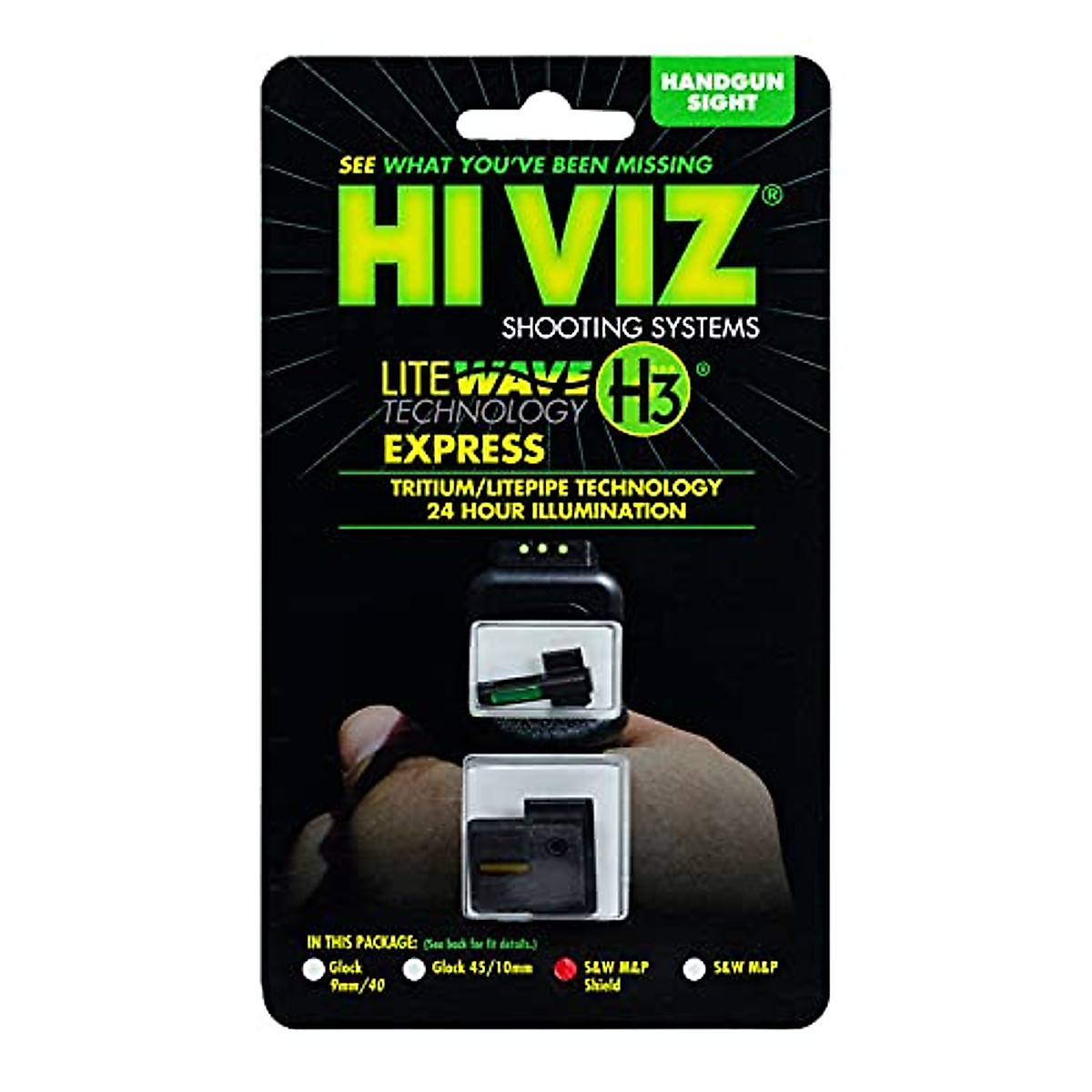 Hiviz Litewave H3 Tritium Express Handgun Sight Green/Orange Litepipes White Front Ring S&W Sheild
