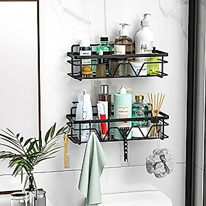 PEMOO 2 Pack Adhesive Shower Caddy, Shower Shelves, Shower Organizer No Drilling with Hooks, Rustproof Stainless Steel Bathroom Shower Organizer, Large Capacity, Shower Shelf for Inside Shower, Black