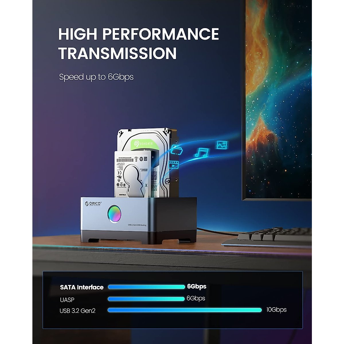 ORICO RGB Hard Drive Docking Station USB 3.2 Gen 1 Aluminum External Hard Drive Dock for 2.5''/3.5'' HDD SSD Up to 36TB Include 10Gbps Data Transfer USB-C&USB-A 2IN1 Cable -5528C3