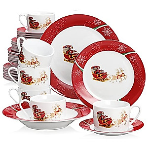 VEWEET Christmas Dinner Set for 6, 30 Piece Ceramic Christmas Dishes, Christmas Deer Plate Sets with Dinner Plate, Dessert Plate, Soup Plate, Cup, Saucer, Service for 6, Christmas Deer Series