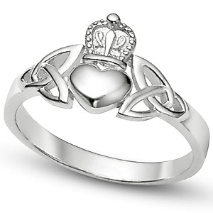 Sz 8 Sterling Silver Irish Claddagh Friendship and Love Band Celtic Ring w/Trinity Symbols
