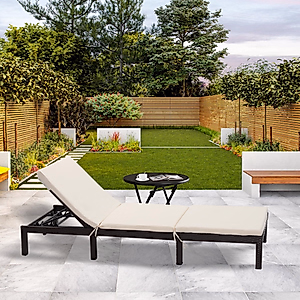 vonGarten Lounge Chairs for Outside, Outdoor Rattan Wicker Chaise Lounge with Cushion, Adjustable Backrest, Ideal for Pool, Patio, Deck, Cream Cushion and Brown Color Wicker