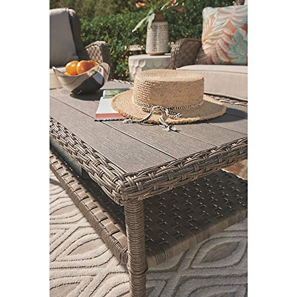Signature Design by Ashley Clear Ridge Outdoor Wicker Coffee Table with Rust Free Aluminum Base, Light Brown