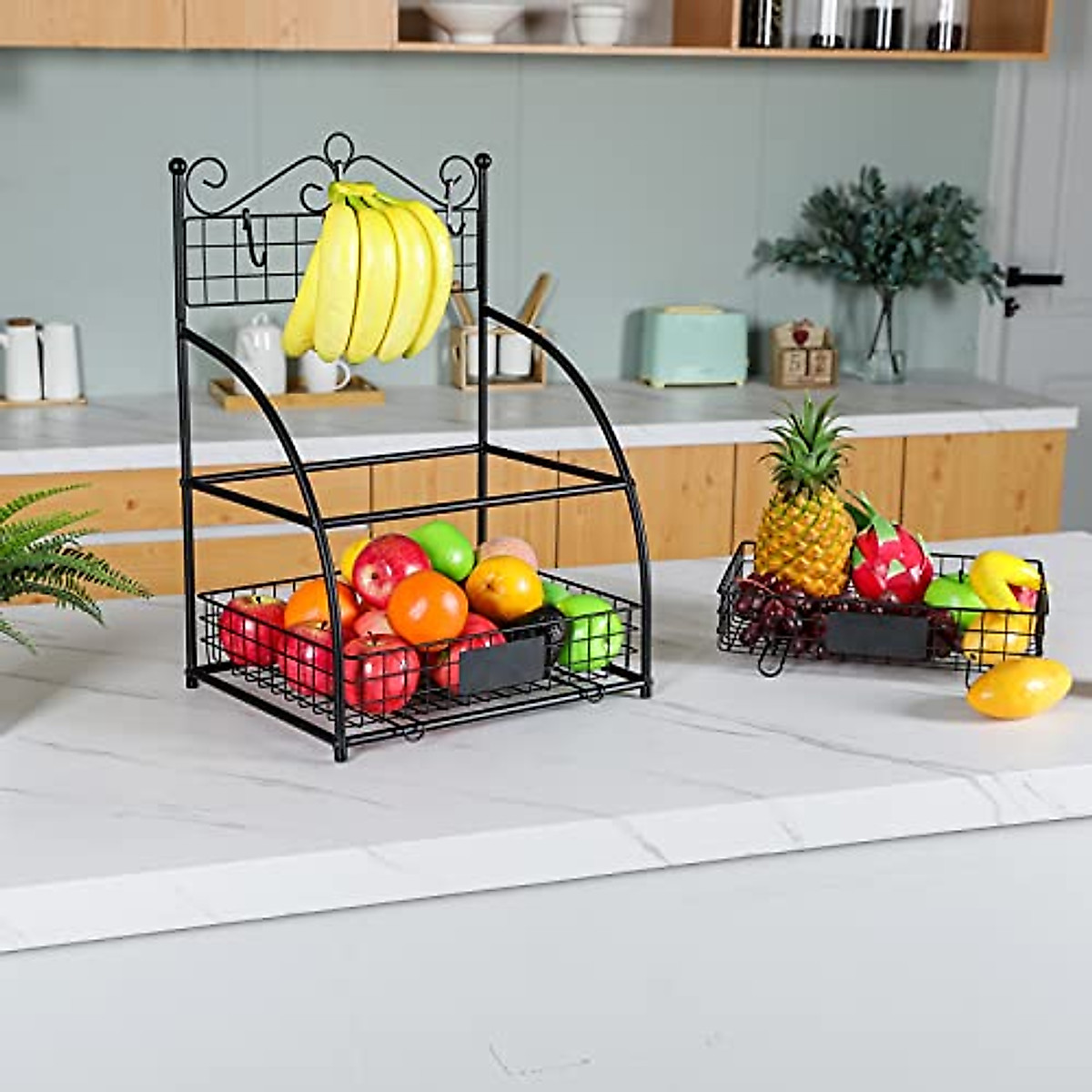 2-Tier Fruit Basket for Kitchen, Bananas Hanger Hook Holder &Countertop Tiered Fruit and Vegetable Storage Bowl Stand, Detachable, Easy to Assemble, Large Capacity for Home Kitchen Organizer-Black