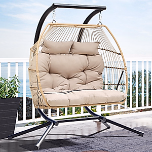 YITAHOME Hanging Egg Swing Chair with Stand Egg Chair Wicker Indoor Outdoor Hammock Egg Chair with Cushions 550lbs for Patio, Bedroom, Garden and Balcony, Khaki(Stand Included)