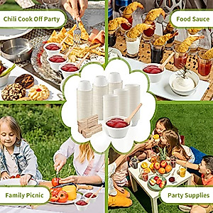 100 Set 2 oz Portion Cups Paper Souffle Portion Cups with Wooden Spoons Disposable Chili Cook Off Sample Cups for Party Supplies (100)