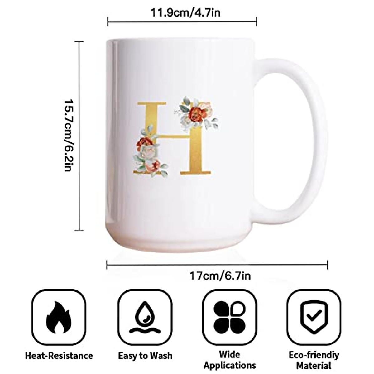 Yelolyio Watercolor Floral Monogram Coffee Mug, Alphabet Initial Letter H Coffee Cup, Monogram Mug Cup, 15oz