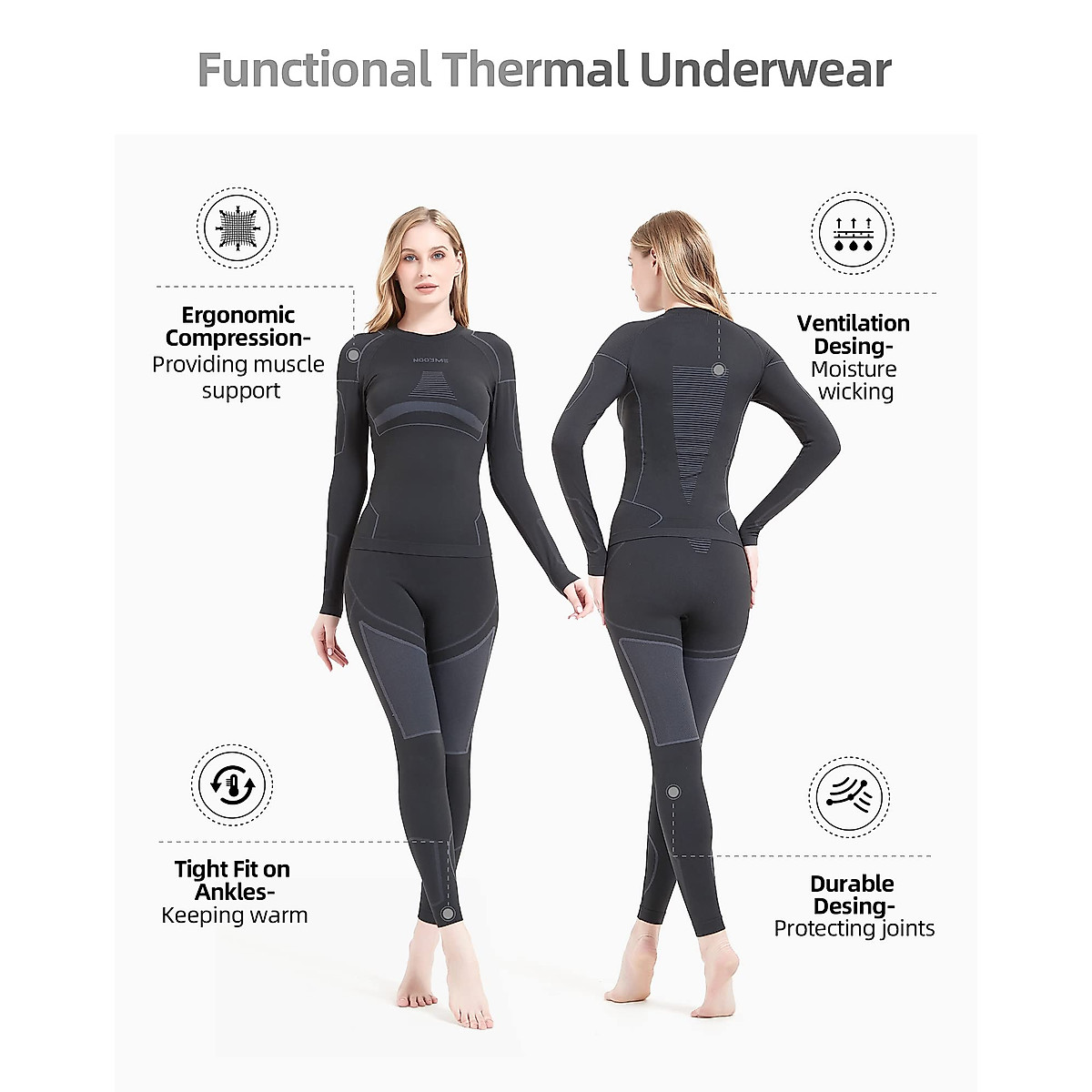 NOOYME Thermal Underwear for Women Long Johns for Women, Base Layer Women Black-grey