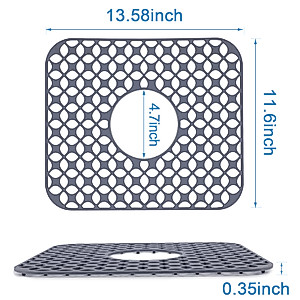JUSTOGO Silicone Sink Protector, Center Drain Kitchen Sink Mats Grid Accessory, 2 PCS Folding Non-slip Sink Mats for Bottom of Farmhouse Stainless Steel Porcelain Sink ((Light Grey, 13.58"x 11.6")