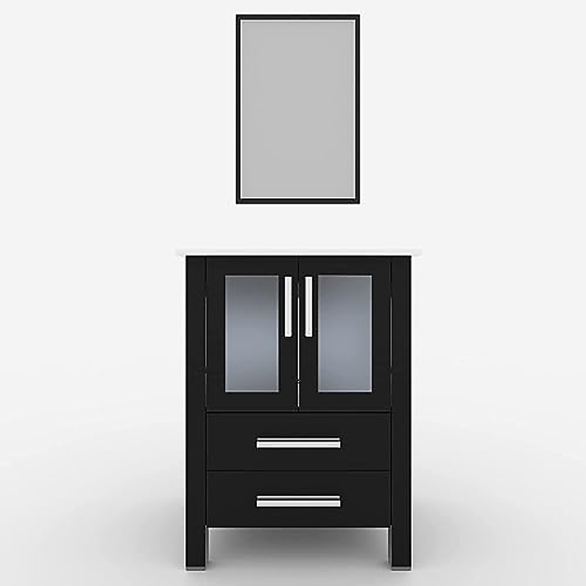 LUCKWIND 24" Modern Bathroom Vanity with Sink Combo, Black MDF Bathroom Storage Cabinet with Overflow 3-Hole Drop in Ceramic Vessel Sink Top & Mirror, Excluding Faucet