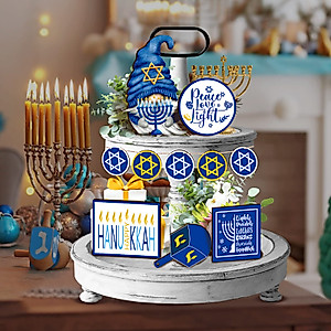 10 Pieces Happy Hanukkah Tiered Tray Decor-Hanukkah Wood Signs Decor with Star of David, Hanukkah Gnome, Mini Menorah, Hanukkah Party Wooden Decor for Hanukkah Farmhouse Home Table Decor