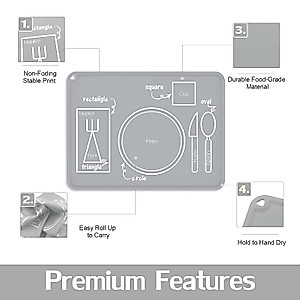 Silicone Baby Placemats, Montessori Placemats for Kids Baby Toddlers Non-Slip Portable Table Setting Mats, 2Pack, MistyRed&LightGrey