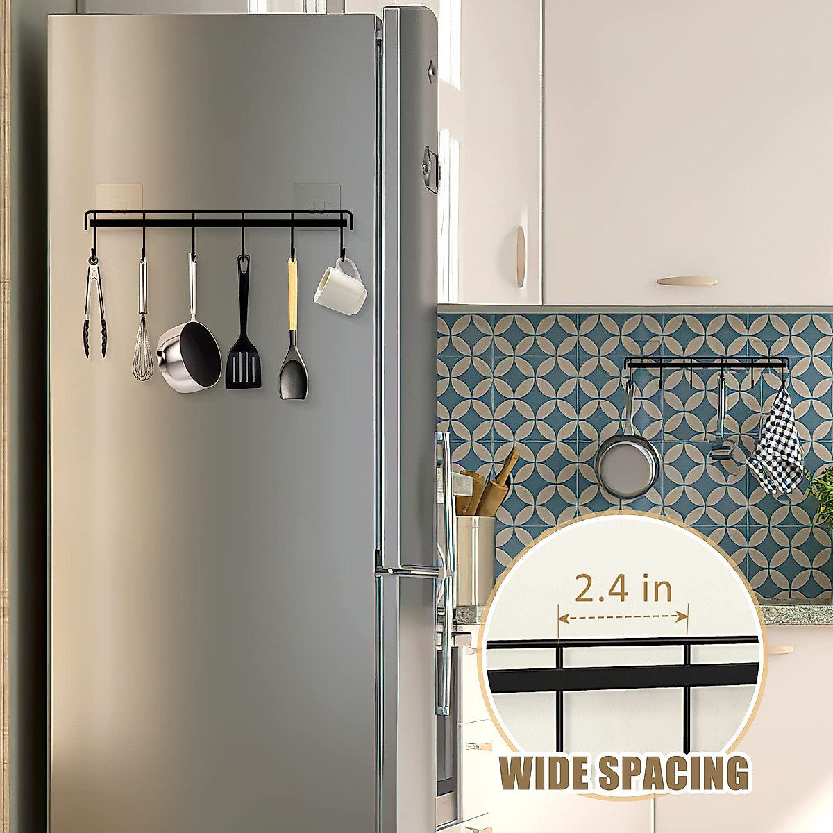 HOMEBROS Kitchen Utensil Rail Rack, 2 Packs Adhesive Utensil Rack Holder with 6 Hooks No Drilling Wall Mounted Hanger for Kitchenware Cups Mugs Towels - Black