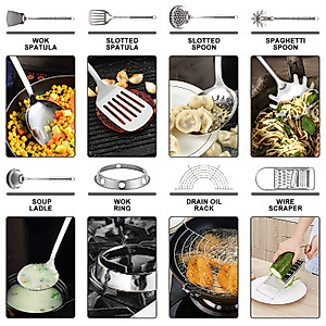 DZZIT 13" Carbon Steel Wok, 14 Pcs with Lid Round Bottom Wok Set, No Chemical Coated Chinese Wok, 12 Cookware Accessories, Wok with Detachable Wooden Handle, for Gas Stove or Cassette Furnace