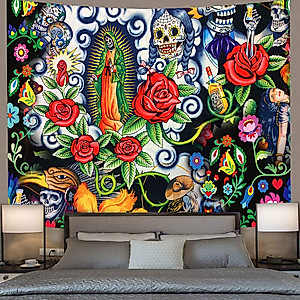 FEASRT Day of Dead Tapestry Rose Skull Tapestry Mexican Skeleton Tapestry Wall Hanging Tapestries for Bedroom Living Room Apartment Dorm Decorations Wall Art Decor Tapestry 80x60 Inches GTZYAY270