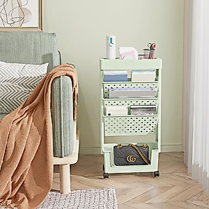 YEMUNY 5 Tier Rolling Utility Cart Multi-Functional Movable Storage Book Shelves with Lockable Casters for Study Office Kitchen Classroom, Light Green