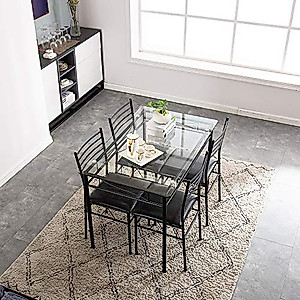 SSLine 5-Piece Glass Dining Table Set with 4 Chairs Small Space Kitchen Table Modern Simple Dining Room Dinette Sets w/1 Tempered Glass Top/Metal Frame Table and 4 Leather Cushion Seat Dining Chairs