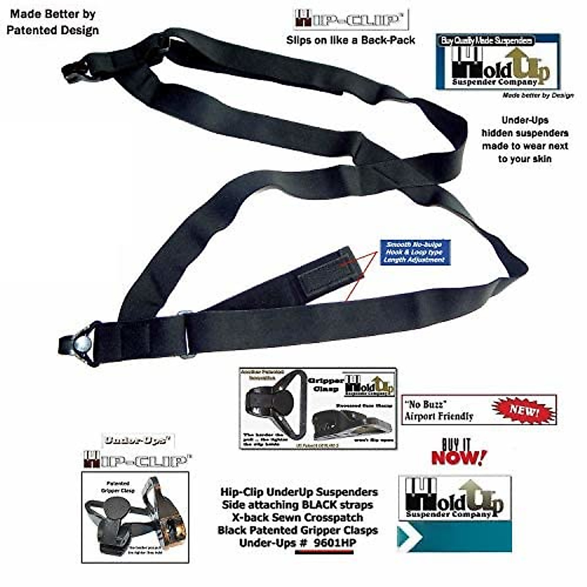 Holdup Black 1 1/2" Hip-Clip Style Under-Ups Suspenders for Men with the Patented Composite plastic Gripper Clasps