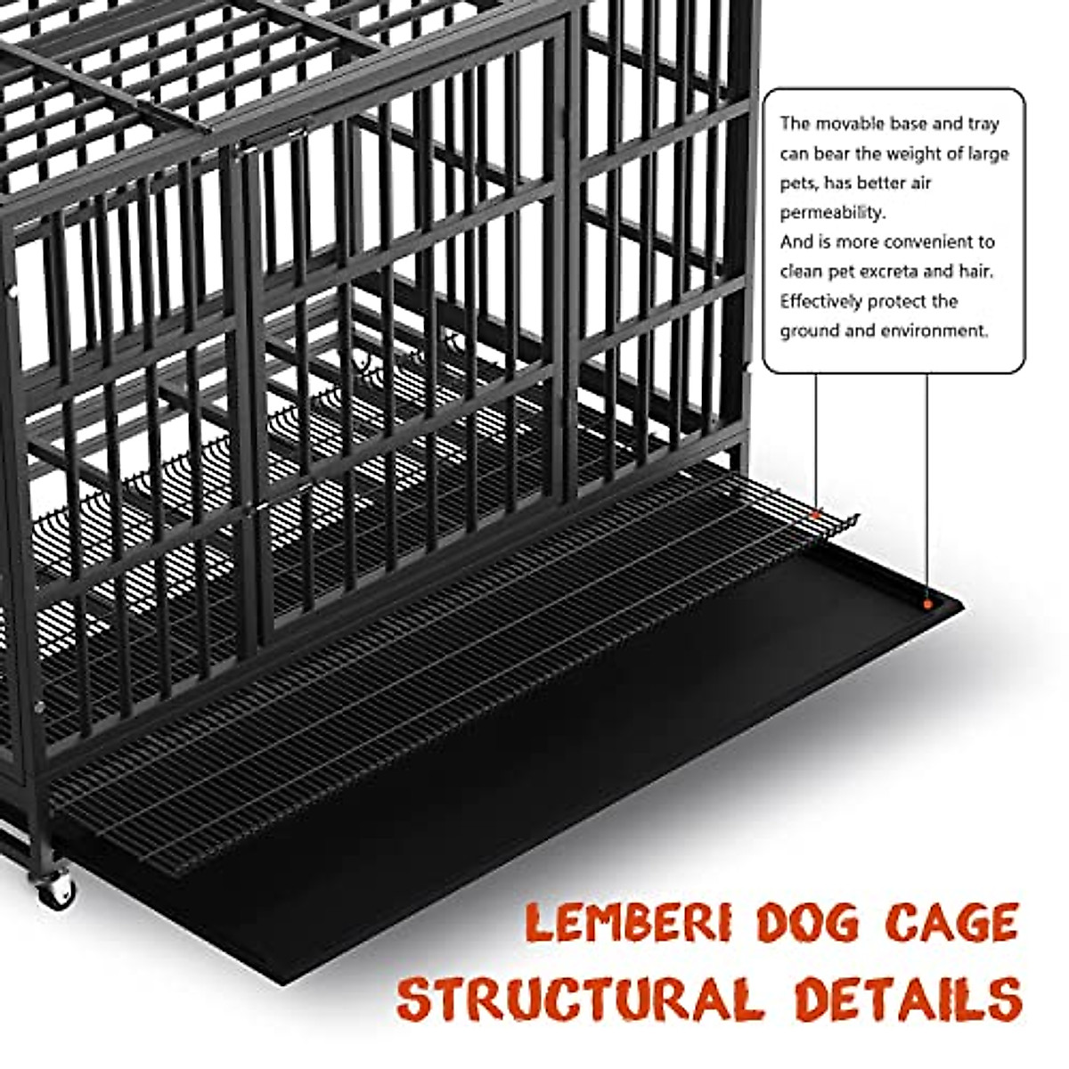 LEMBERI 48/38 inch Heavy Duty Indestructible Dog Crate, Escape Proof Dog Cage Kennel with Lockable Wheels,High Anxiety Double Door Dog Crate,Extra Large Crate Indoor for Large Dog with Removable Tray