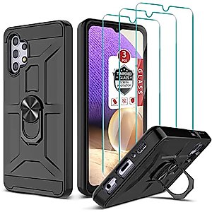 Galaxy A32 5G Case,Galaxy A32 5G Case with [3X Tempered Glass Screen Protector], Built-in Ring Kickstand and Magnetic Car Mount Shockproof Military Grade Armor Rugged Case for Galaxy A32 5G 6.5",Black